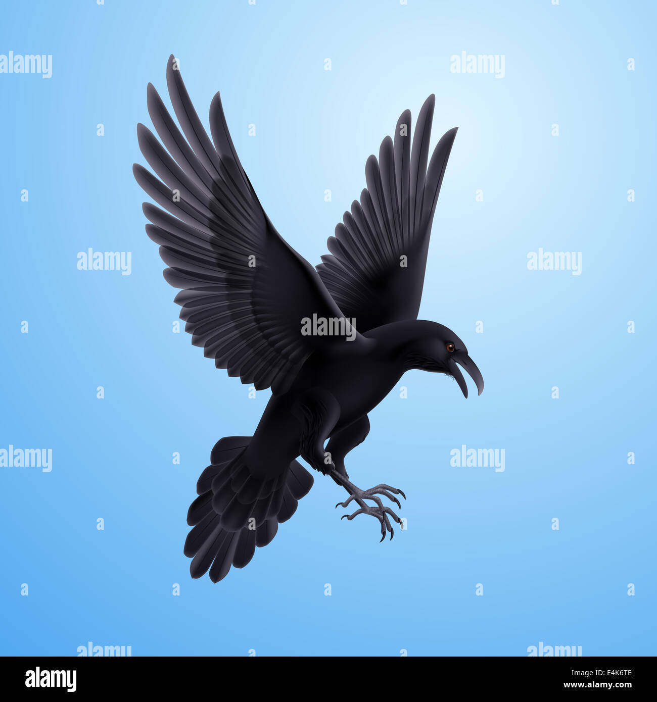 Illustration of aggressive black raven on blue sky background Stock ...