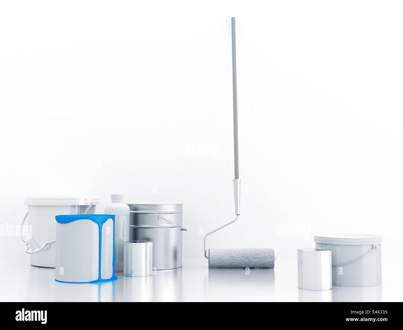 containers with color paints near white wall Stock Photo - Alamy