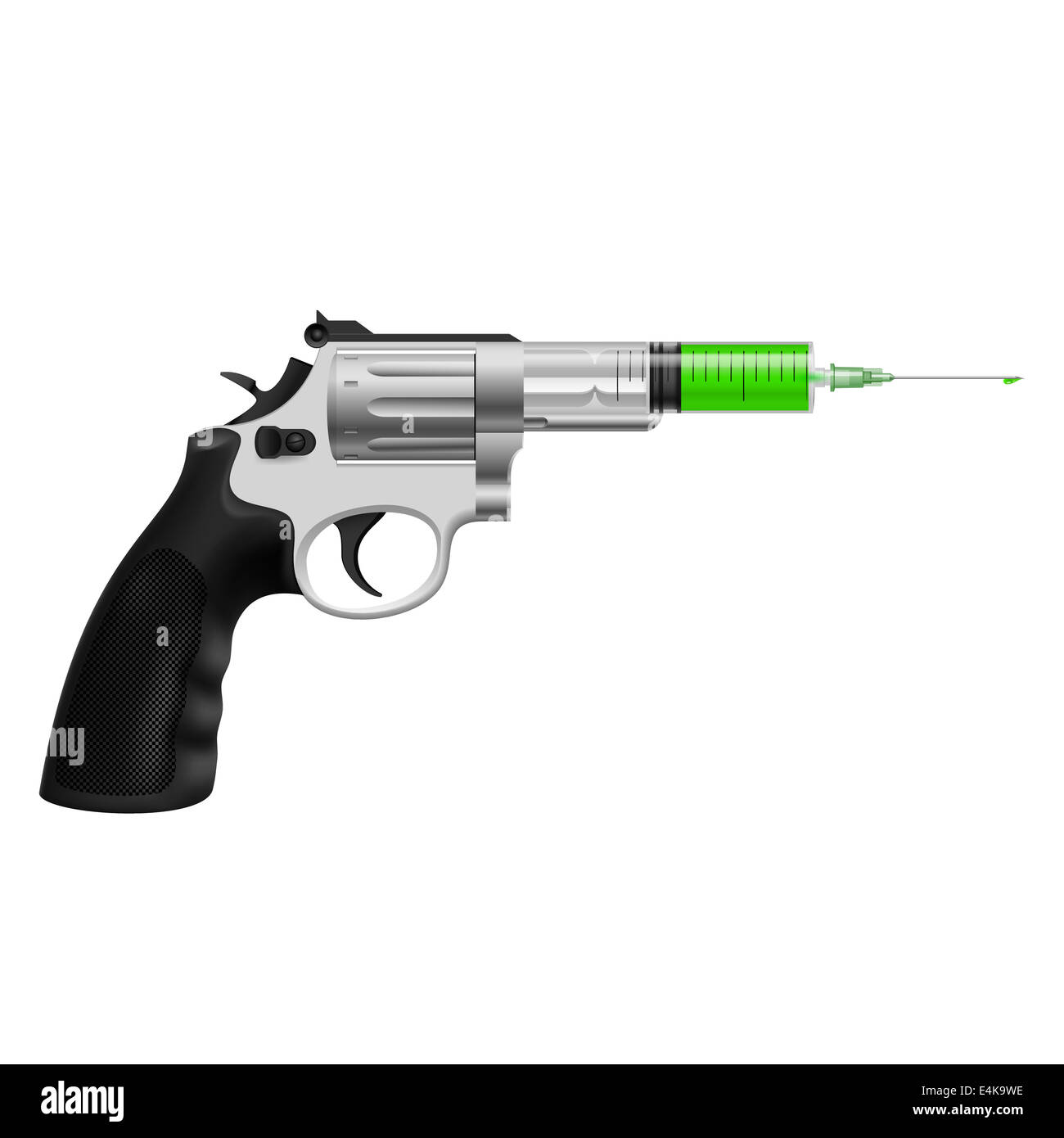Syringe with green liquid in revolver. Killing injection, medicine or ...