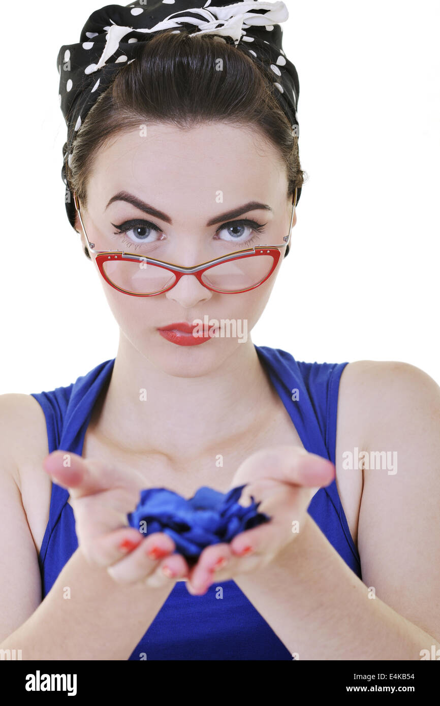 young woman holding blue flower in hands Stock Photo - Alamy