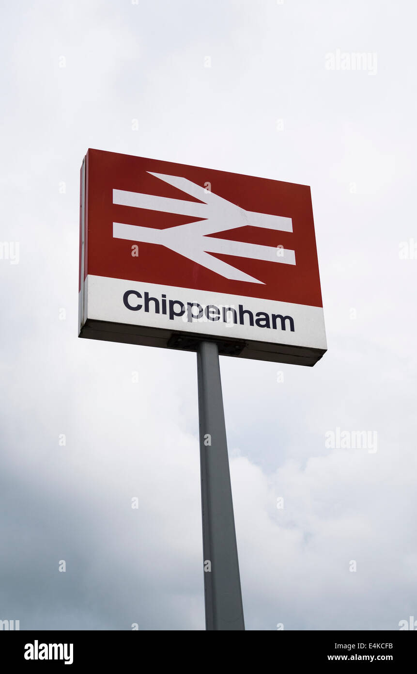 Tall highly visible railway station sign in Chippenham Wiltshire UK ...