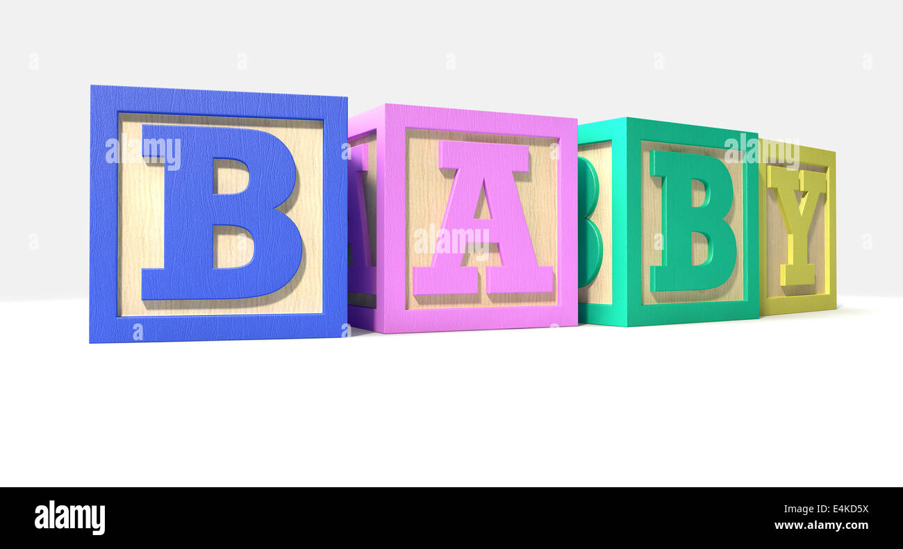 A collection of four regular baby blocks in various colors spelling out ...