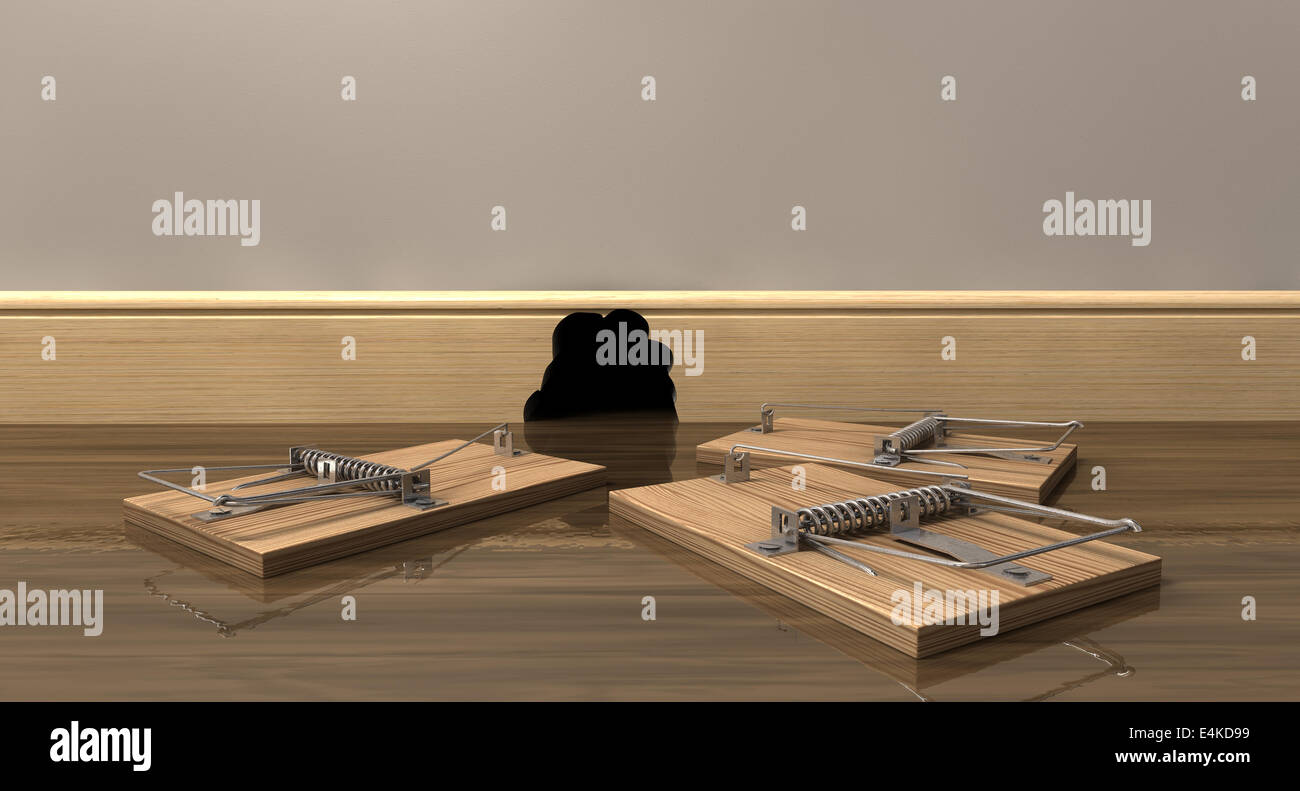 An interior view of a chewed out mouse hole in skirting surrounded by 3 ...
