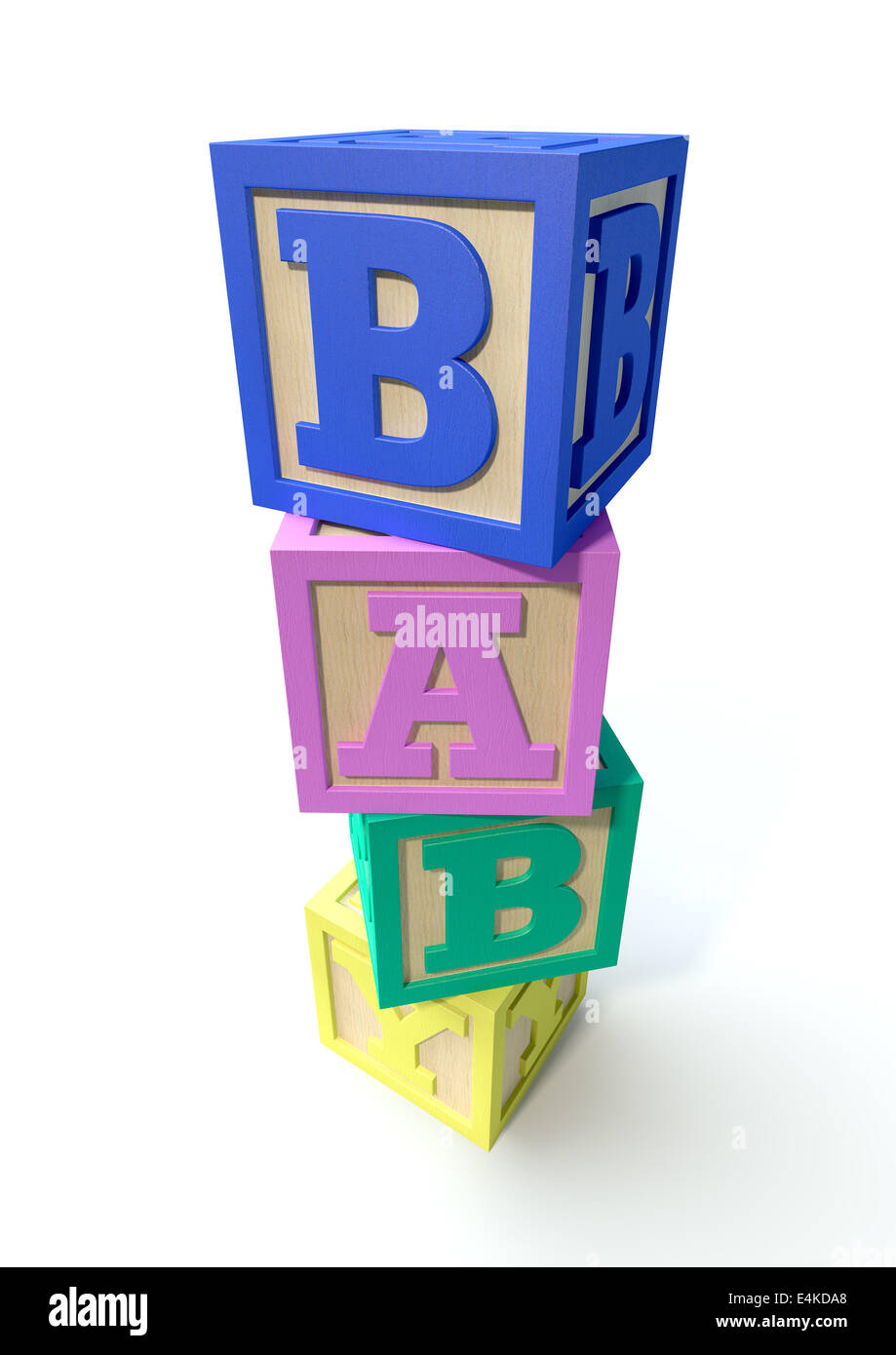 A stack of four regular baby blocks in various colors spelling out the ...