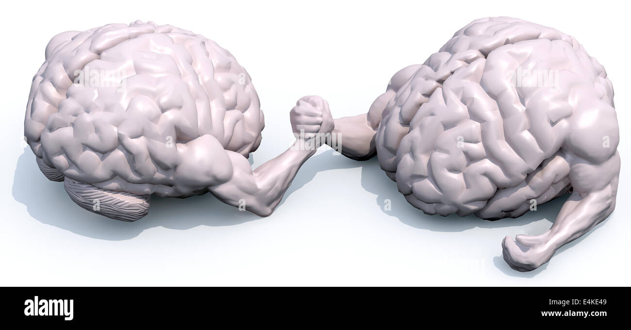 two human brains that make arm wrestling, 3d illustration Stock Photo ...