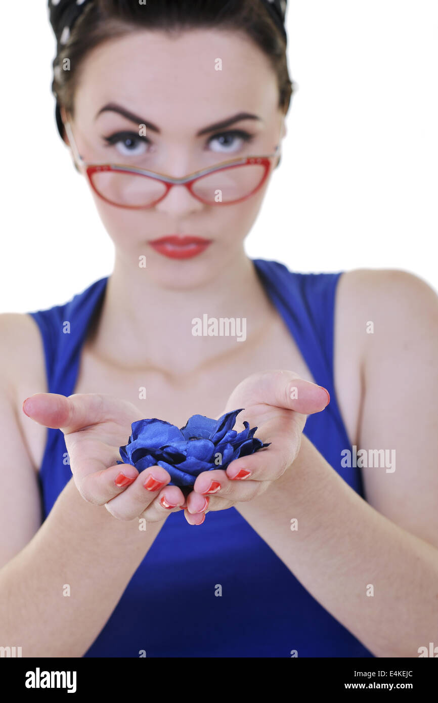 young woman holding blue flower in hands Stock Photo - Alamy