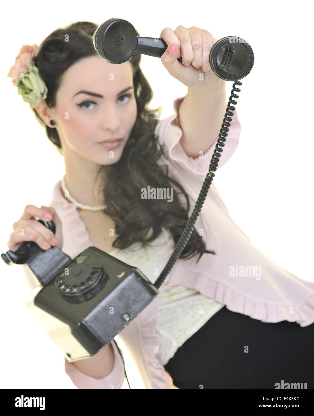 pretty girl talking on old phone Stock Photo - Alamy