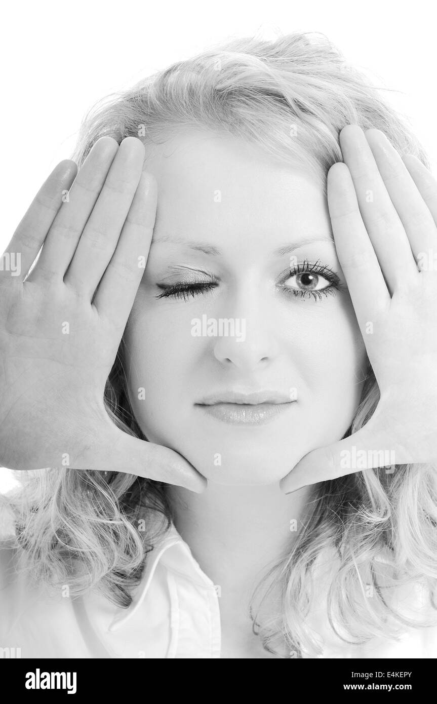 Young woman showing blank Black and White Stock Photos & Images - Alamy