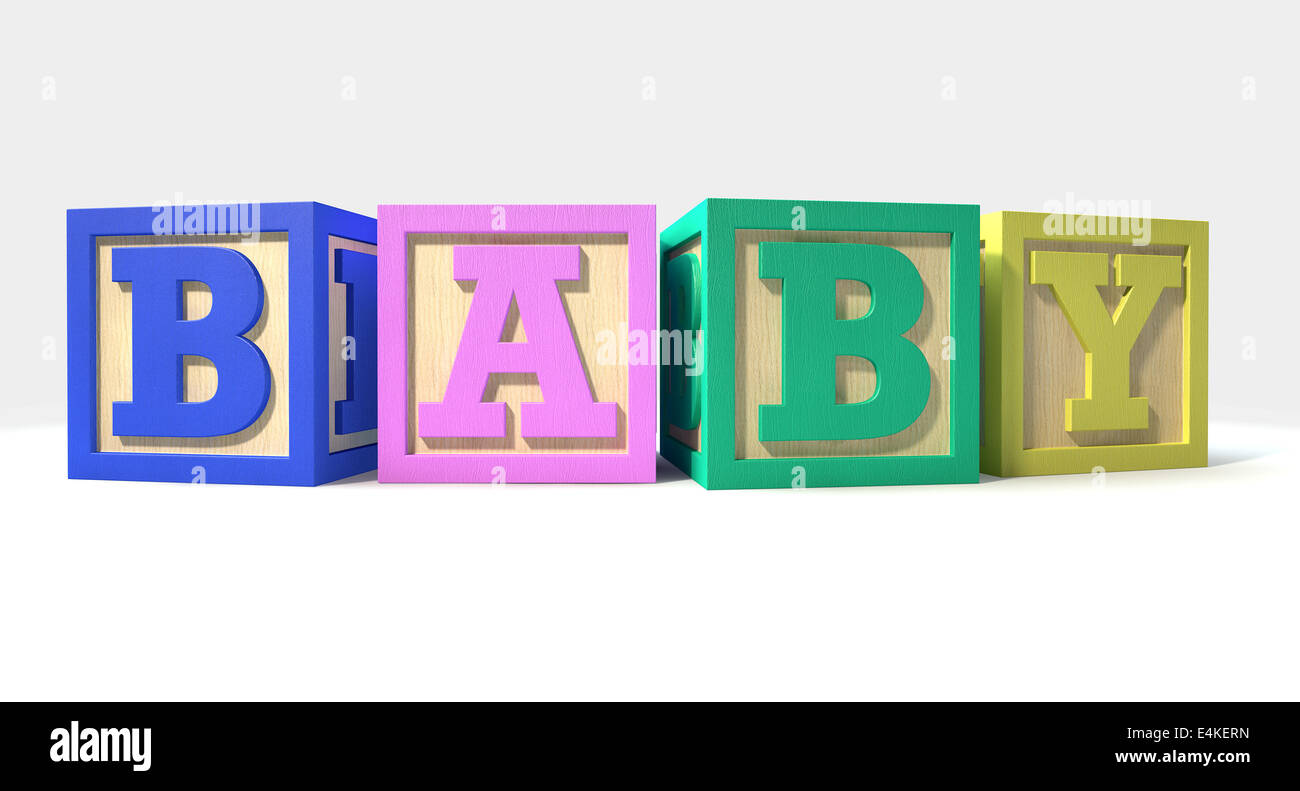 A collection of four regular baby blocks in various colors spelling out ...