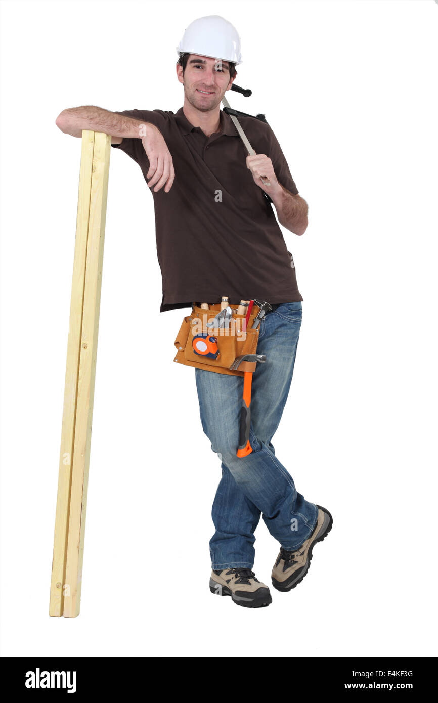 Carpenter with timber Stock Photo - Alamy