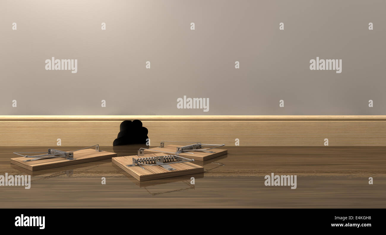 An interior view of a chewed out mouse hole in skirting surrounded by 3 ...