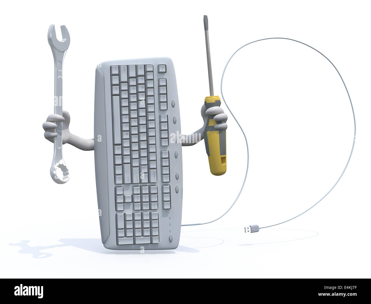 computer keyboard with arms and tools on hand, 3d illustration Stock ...