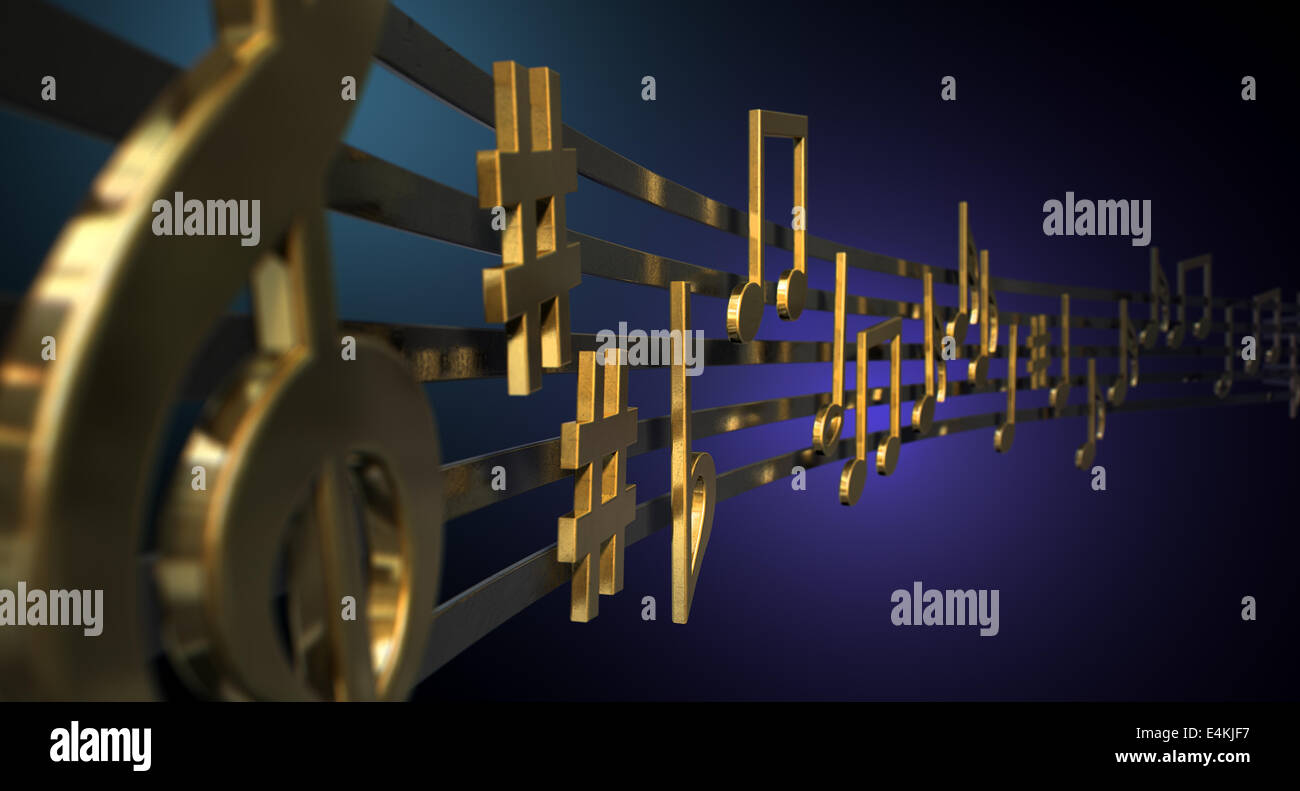 A concept showing literal gold metallic music symbols and notes on the ...