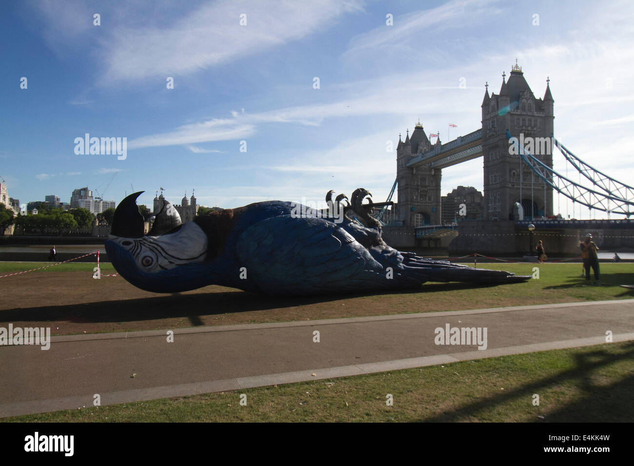 London, UK. 14th July, 2014. A giant sculpture of a dead blue parrot ...