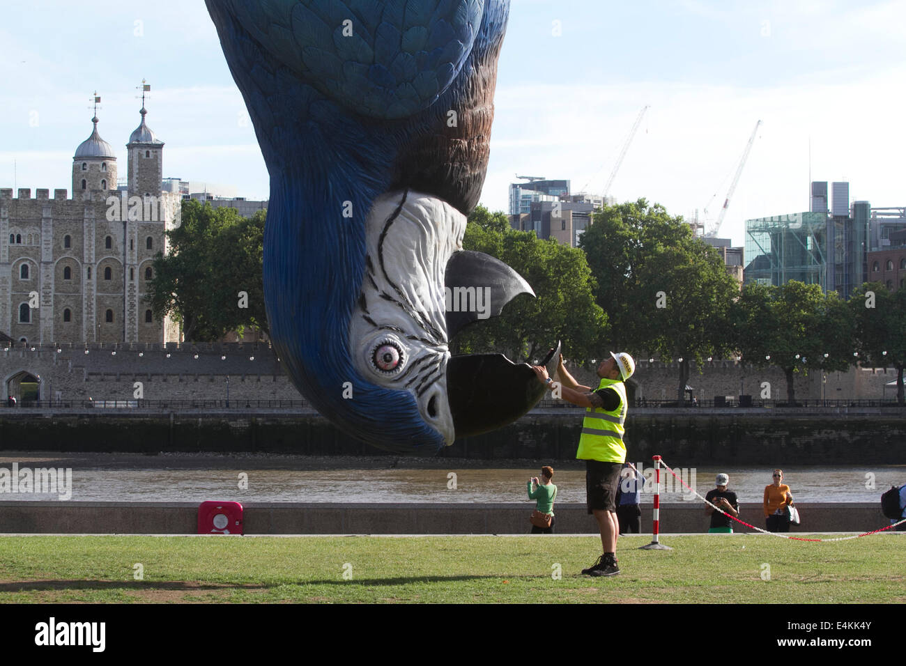 London, UK. 14th July, 2014. A giant sculpture of a dead blue parrot ...