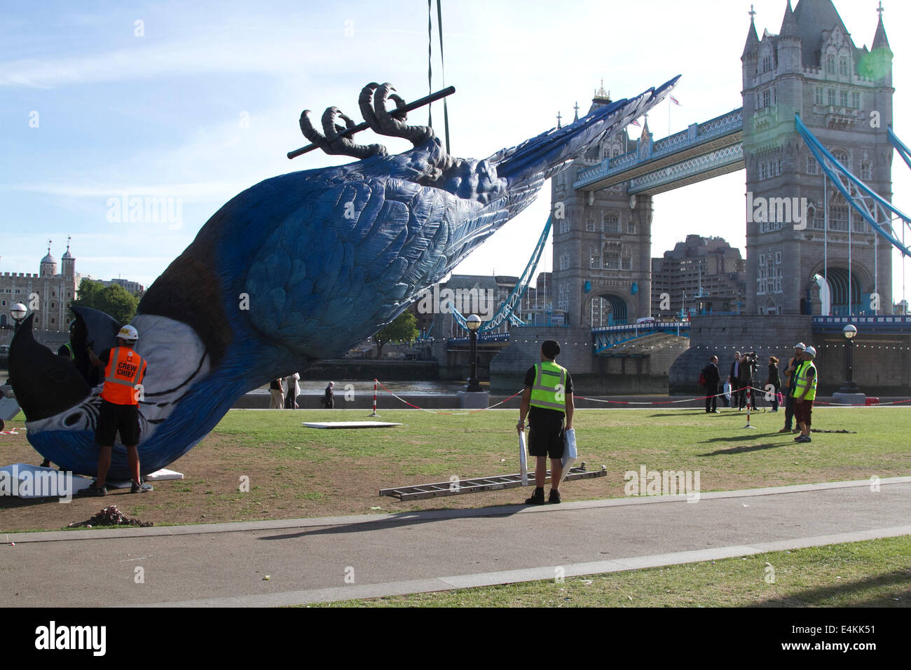 London, UK. 14th July, 2014. A giant sculpture of a dead blue parrot ...