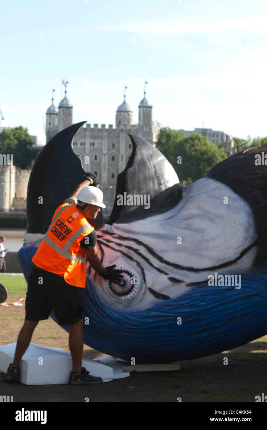 London, UK. 14th July, 2014. A giant sculpture of a dead blue parrot ...