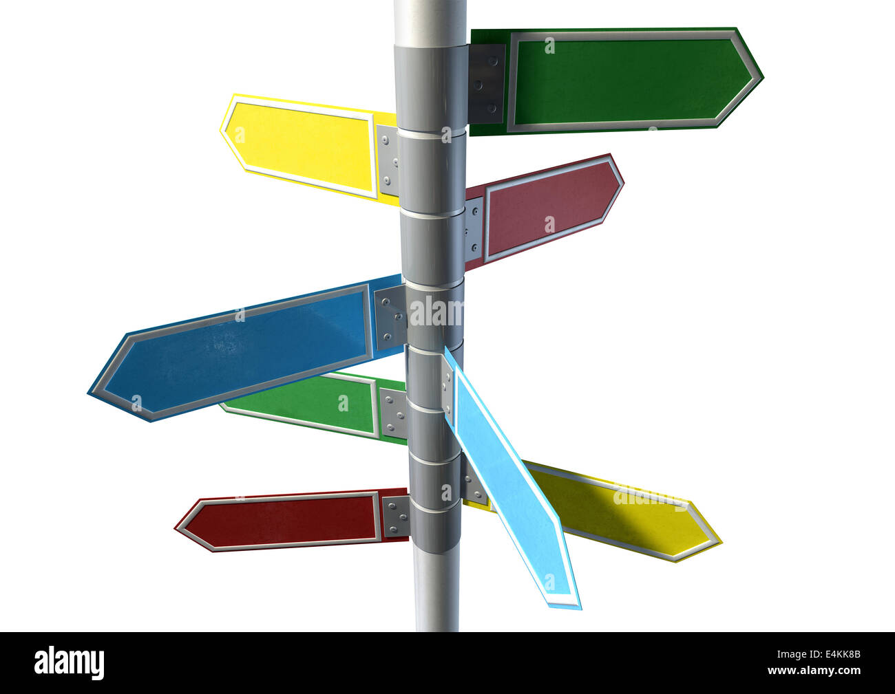 A collection of generic blank directional street signs all facing ...