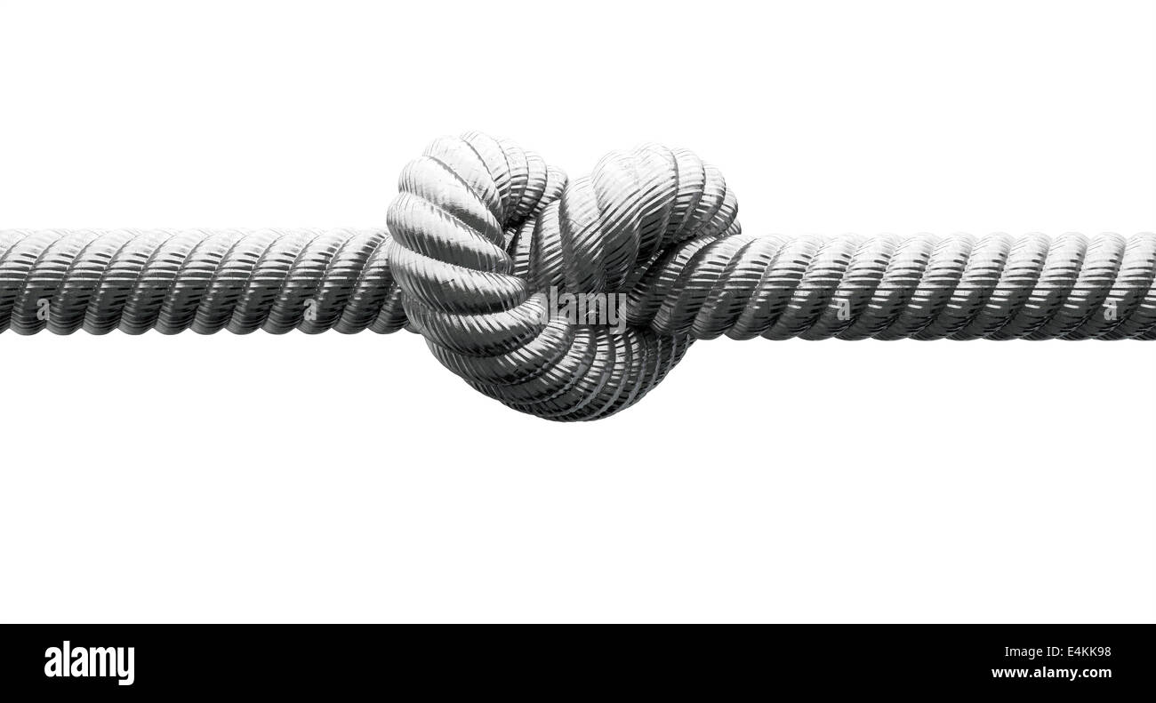 A coarse metal cable with a knot tied in the middle on an isolated ...