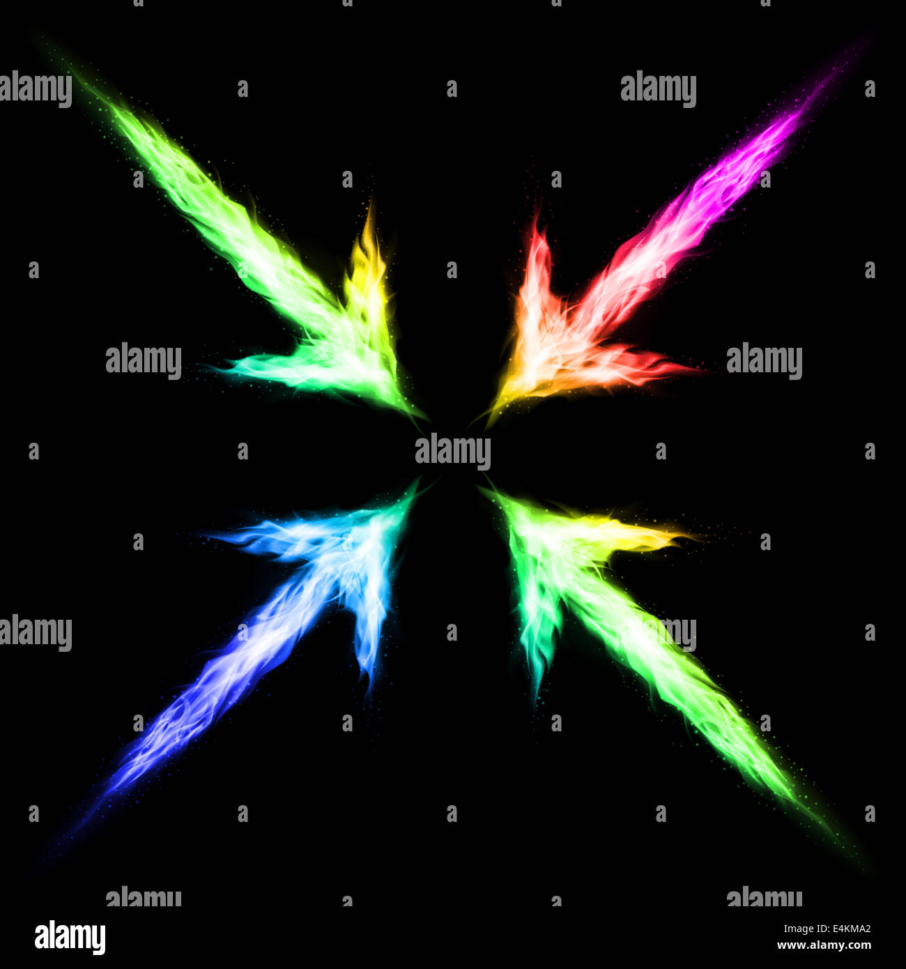 Four colorful fire arrows directed to the centre. Illustration on black ...
