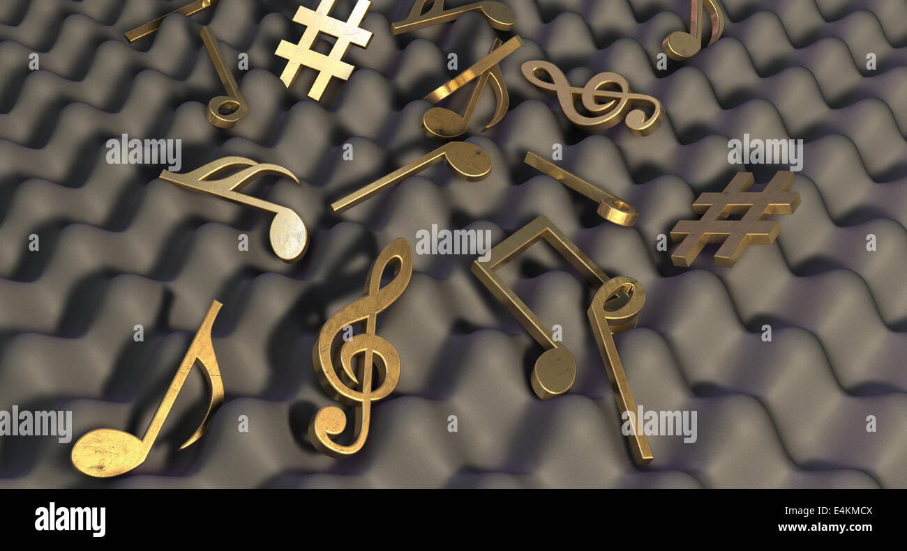 A concept showing a closeup of a section of grey sound foam with gold ...