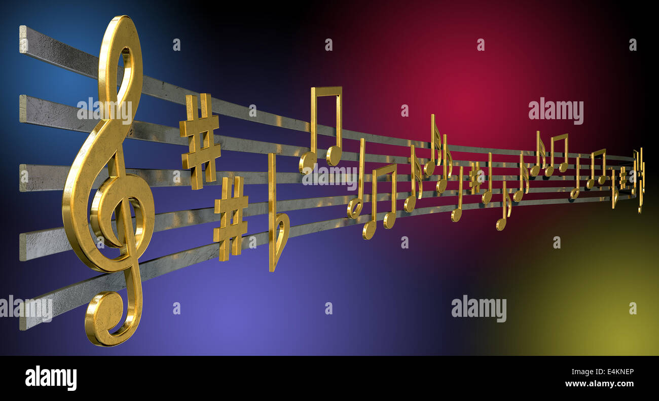 A concept showing literal gold metallic music symbols and notes on the ...