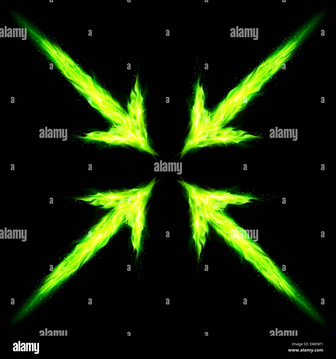 Four green fire arrows directed to the centre. Illustration on black ...