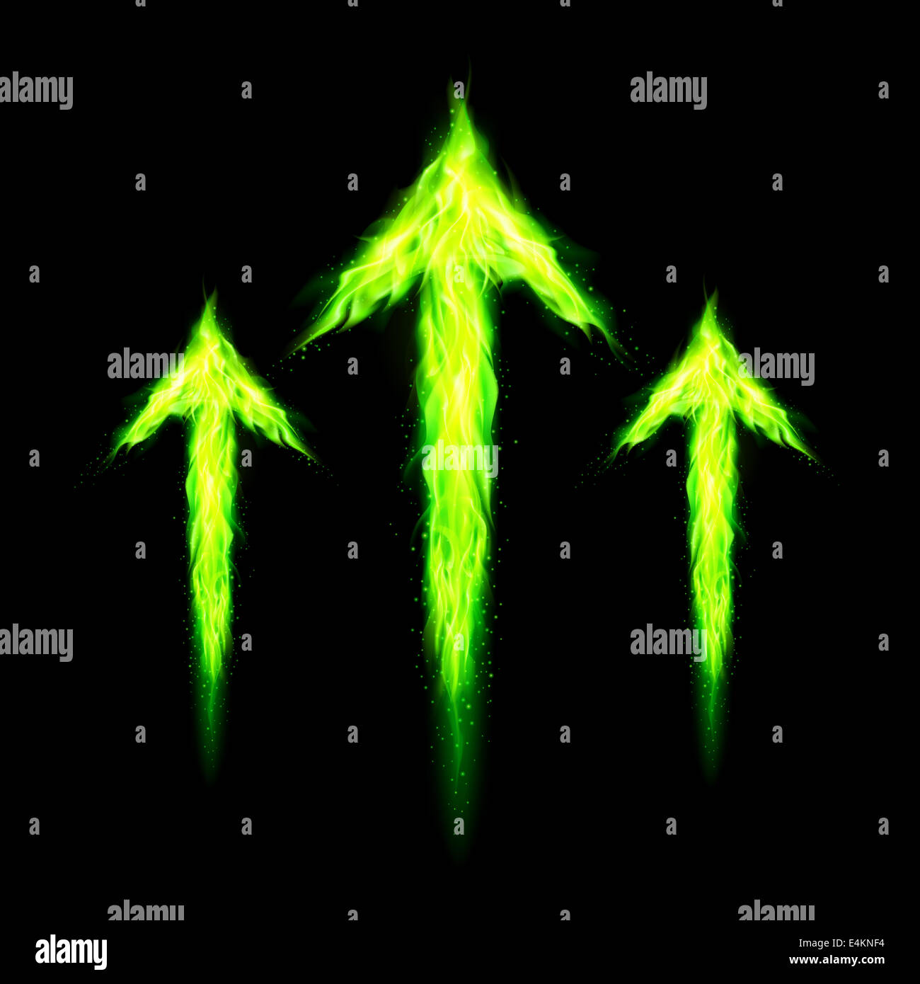Three green fire arrows directed upward. Illustration on black ...