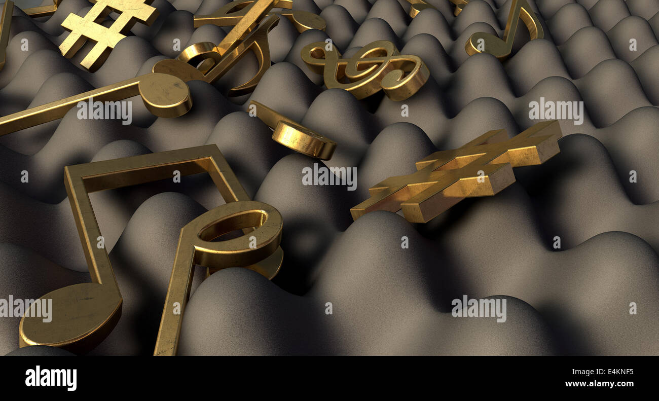 A concept showing a closeup of a section of grey sound foam with gold ...