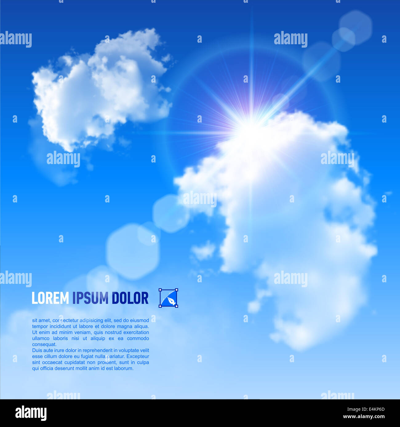 Blue Sky with fluffy clouds and brilliant Sun with a rainbow flare ...