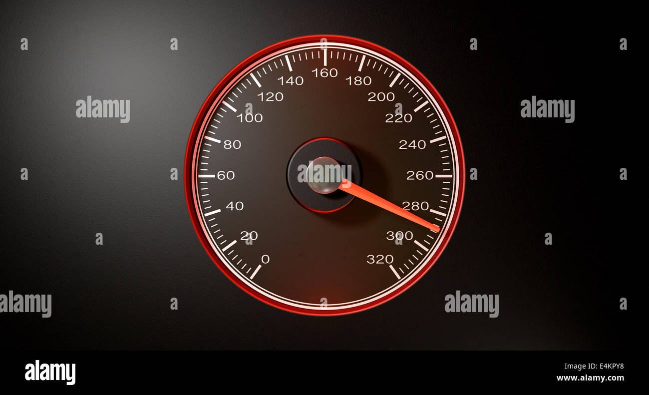 A regular speedometer with glowing red edges and a red needle pointing ...