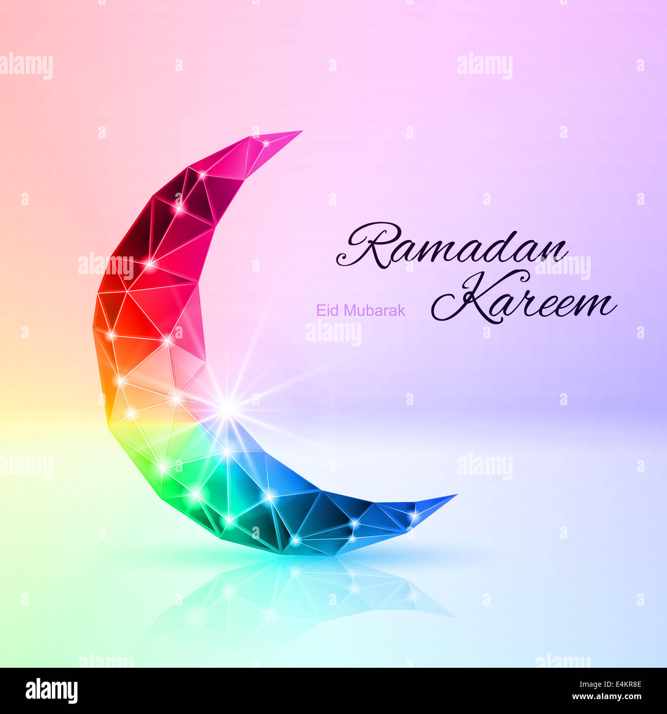 Glowing ornate crescent with reflection in rainbow shares. Greeting ...