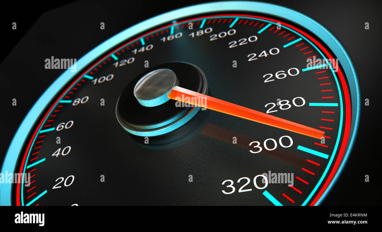 A regular speedometer with glowing blue and red markings with a red ...