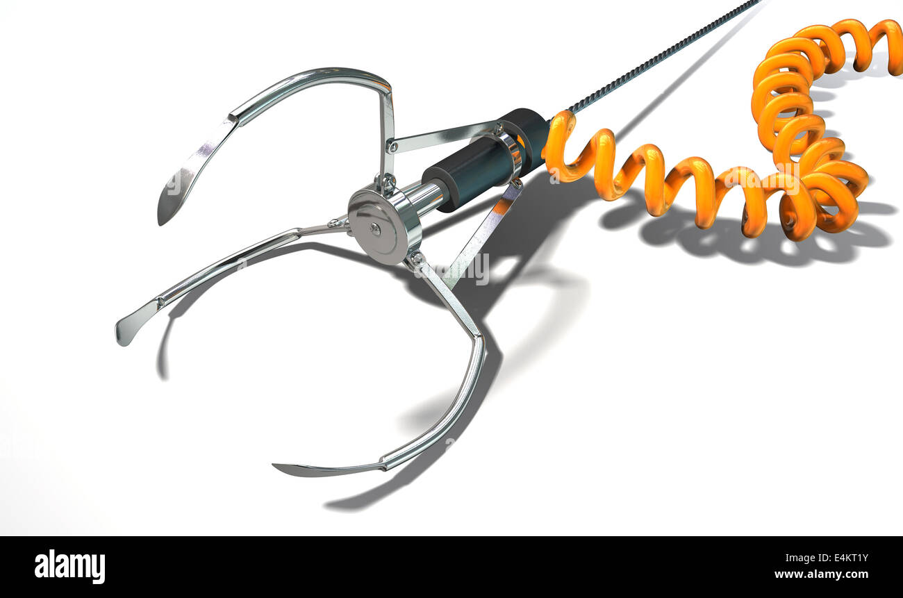 An open metal robotic claw from an arcade type game connected to an ...