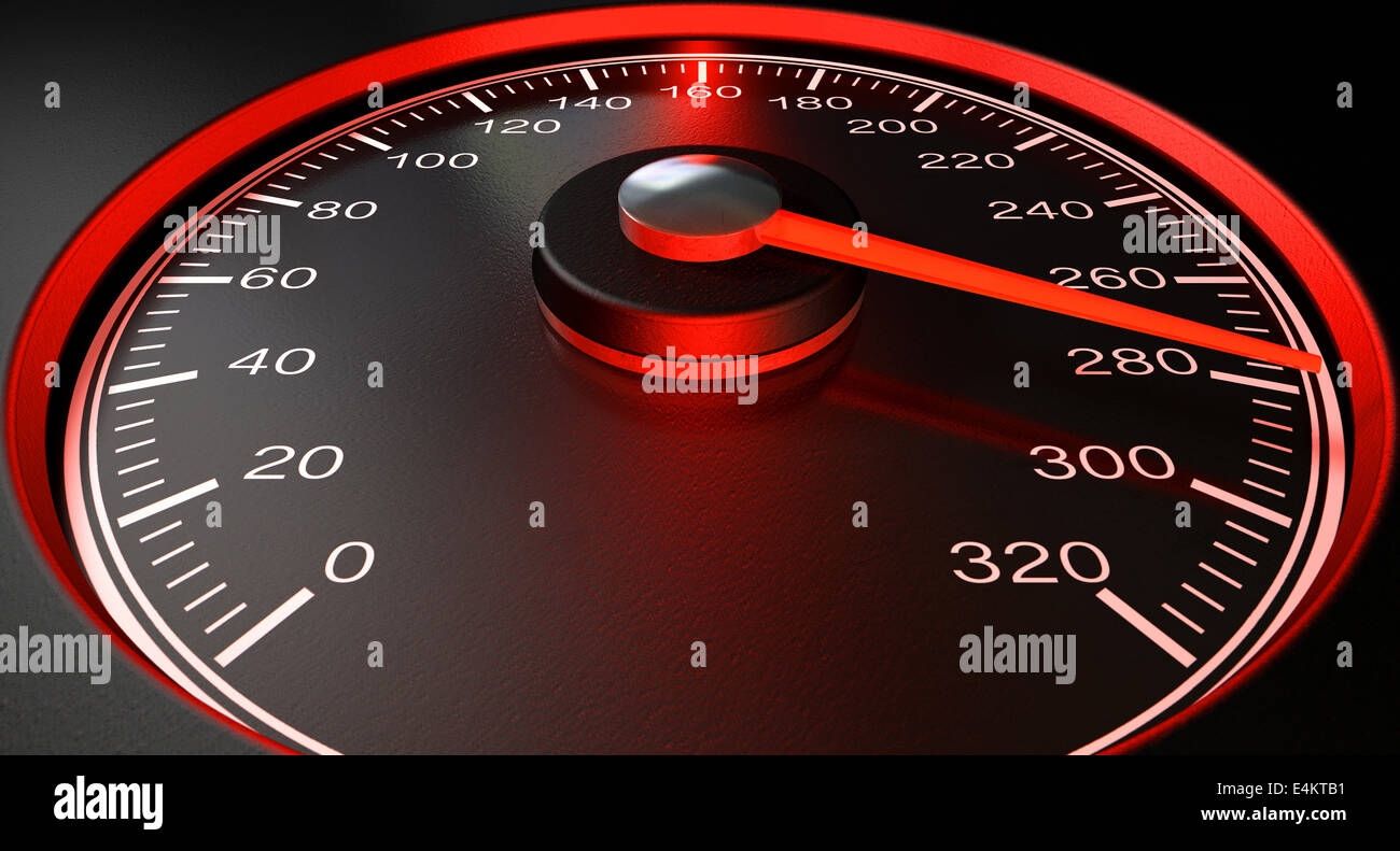 A regular speedometer with glowing red edges and a red needle pointing ...