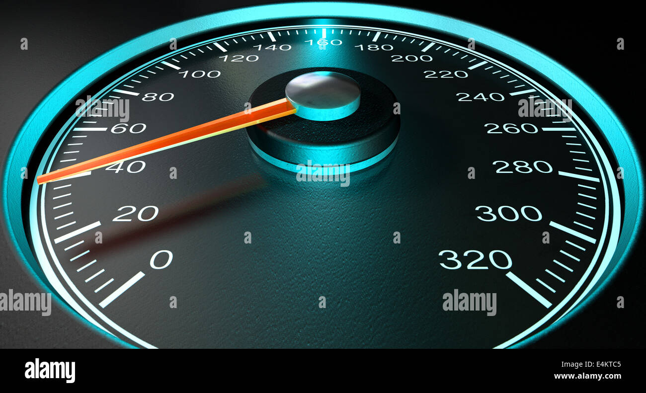 A regular speedometer with glowing blue edges and a red needle pointing ...
