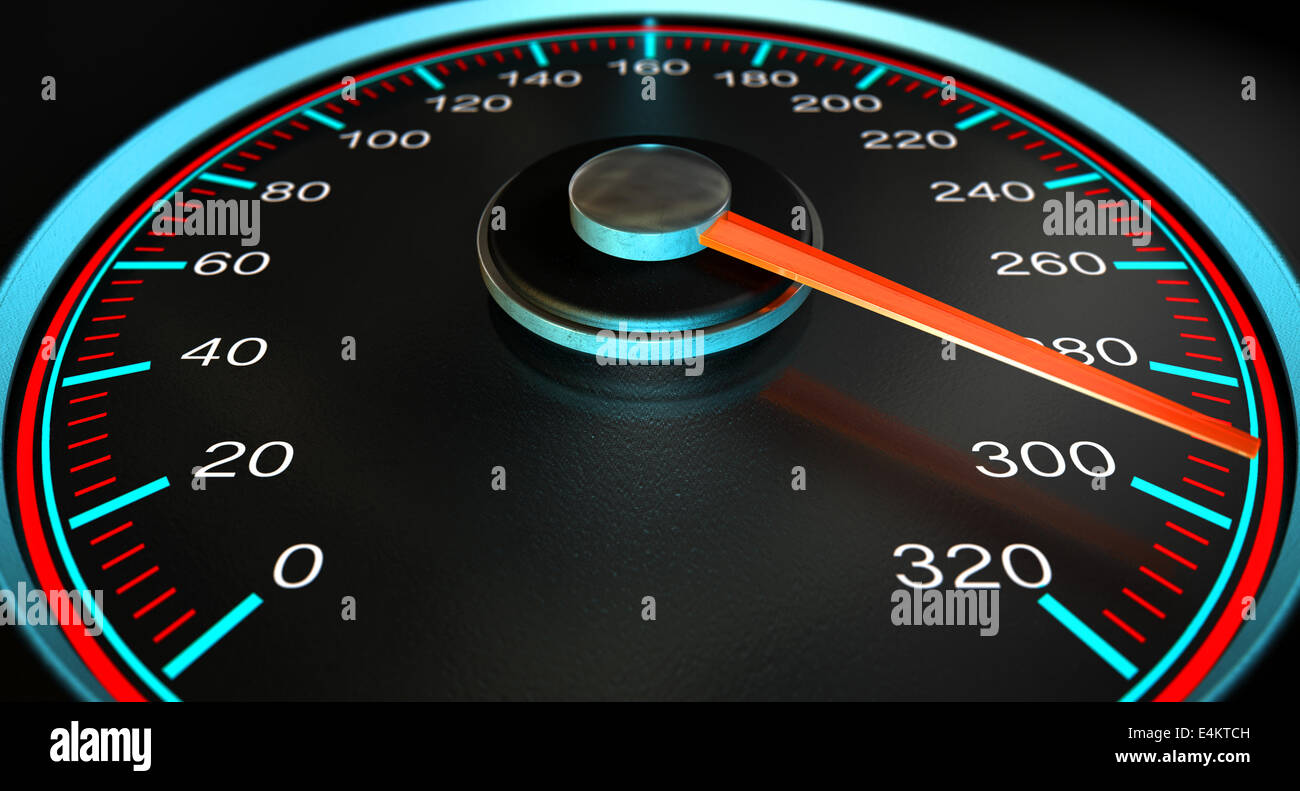 A regular speedometer with glowing blue and red markings with a red ...