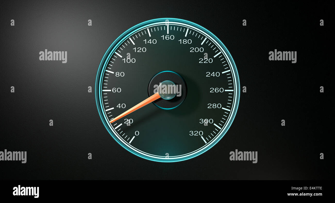 A regular speedometer with glowing blue edges and a red needle pointing ...