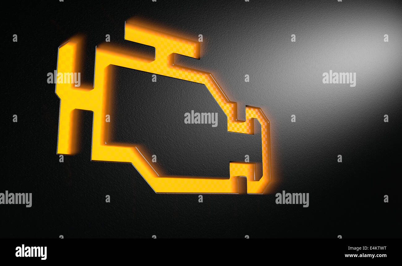 An extreme closeup of an illuminated orange check engine indicator ...