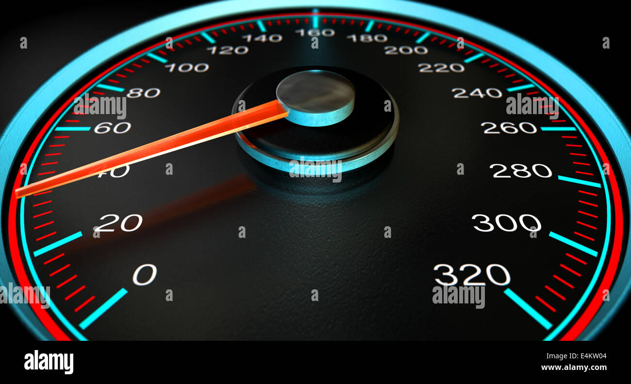 A regular speedometer with glowing blue and red markings with a red ...