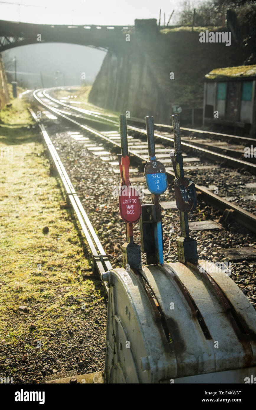 Vintage railway signal point switch handles Stock Photo - Alamy