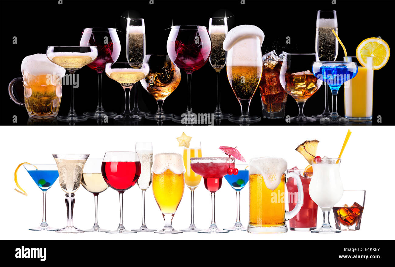 different alcohol drinks set - beer, wine, cocktail, juice, champagne ...