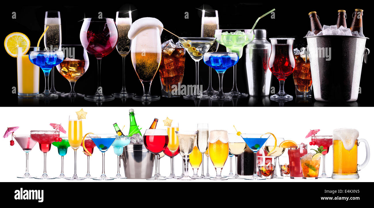 different alcohol drinks set - beer, wine, cocktail, juice, champagne ...
