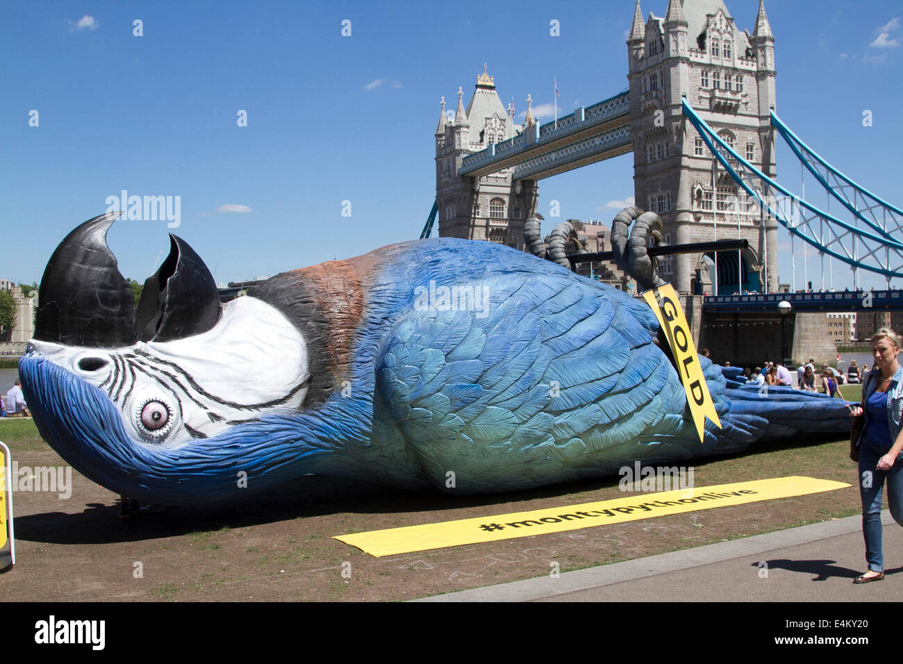 London UK. 14th July 2014. A giant sculpture of a dead blue parrot ...
