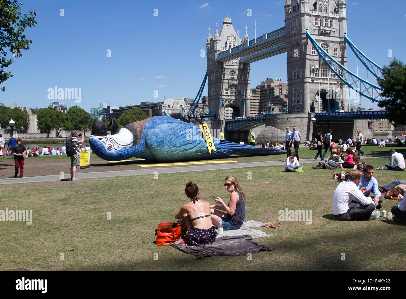 London UK. 14th July 2014. A giant sculpture of a dead blue parrot ...
