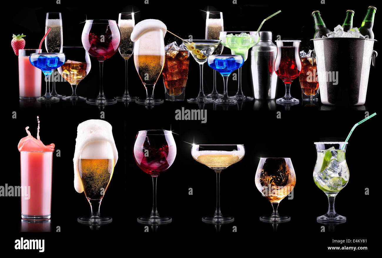 different alcohol drinks set - beer, wine, cocktail, juice, champagne ...