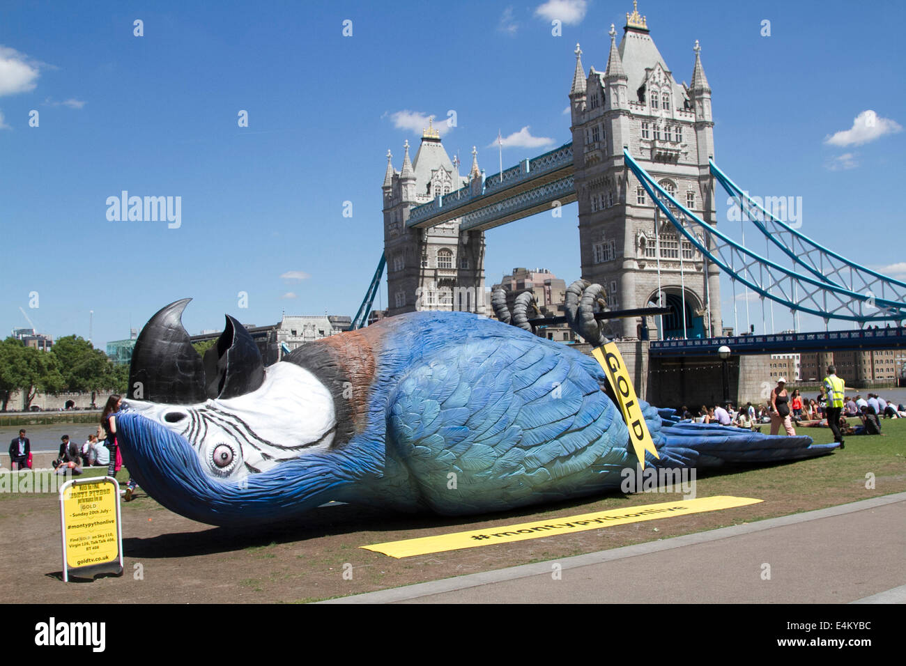 London UK. 14th July 2014. A giant sculpture of a dead blue parrot ...
