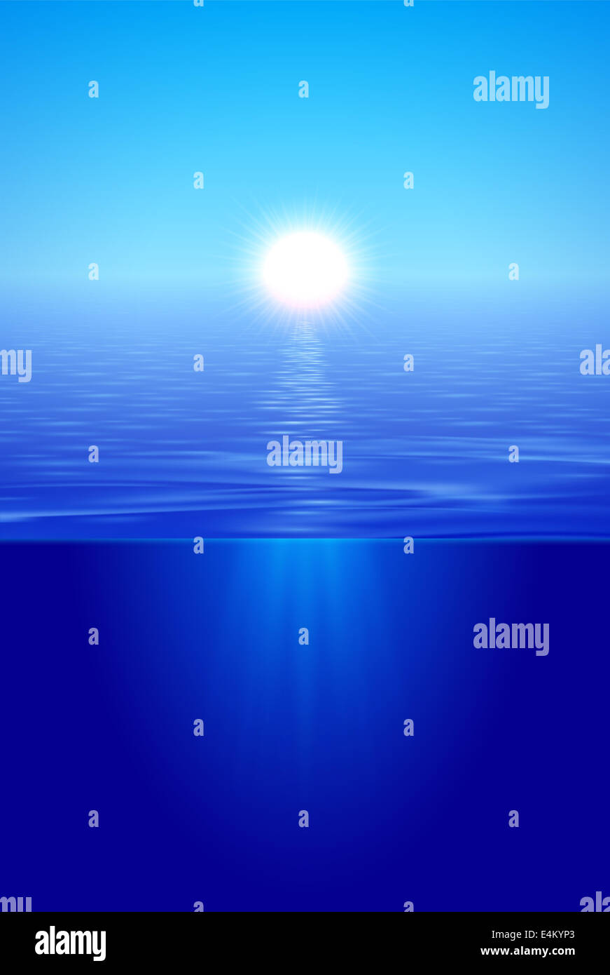 Sunshine over calm water, sun beams under surface, split view Stock ...