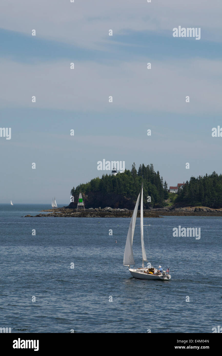 Maine, Rockland, Penobscot Bay. Sailboat in front of Owls Head State ...