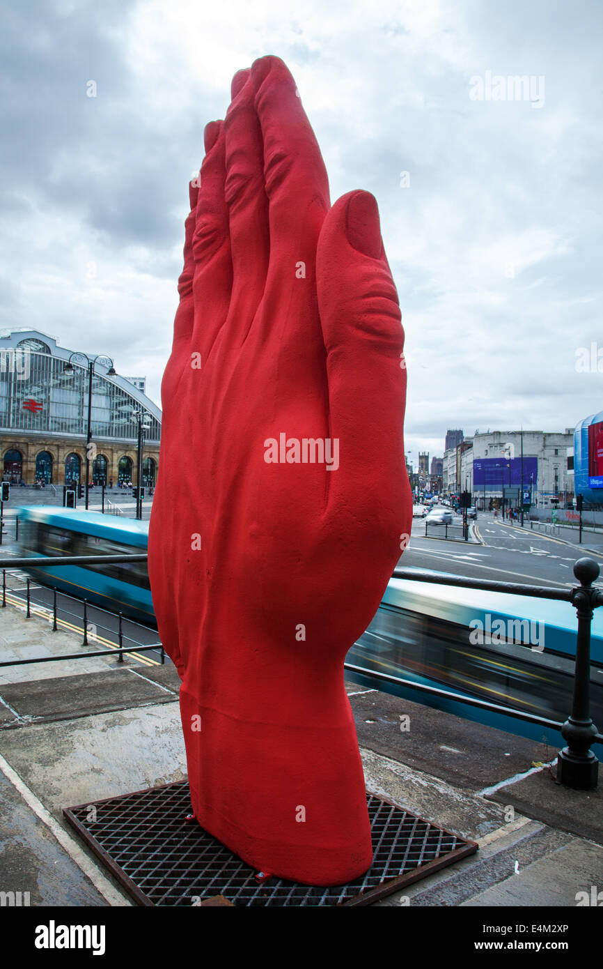 “The Middle Way” red hand of Bog erected in front of St. George’s Hall ...